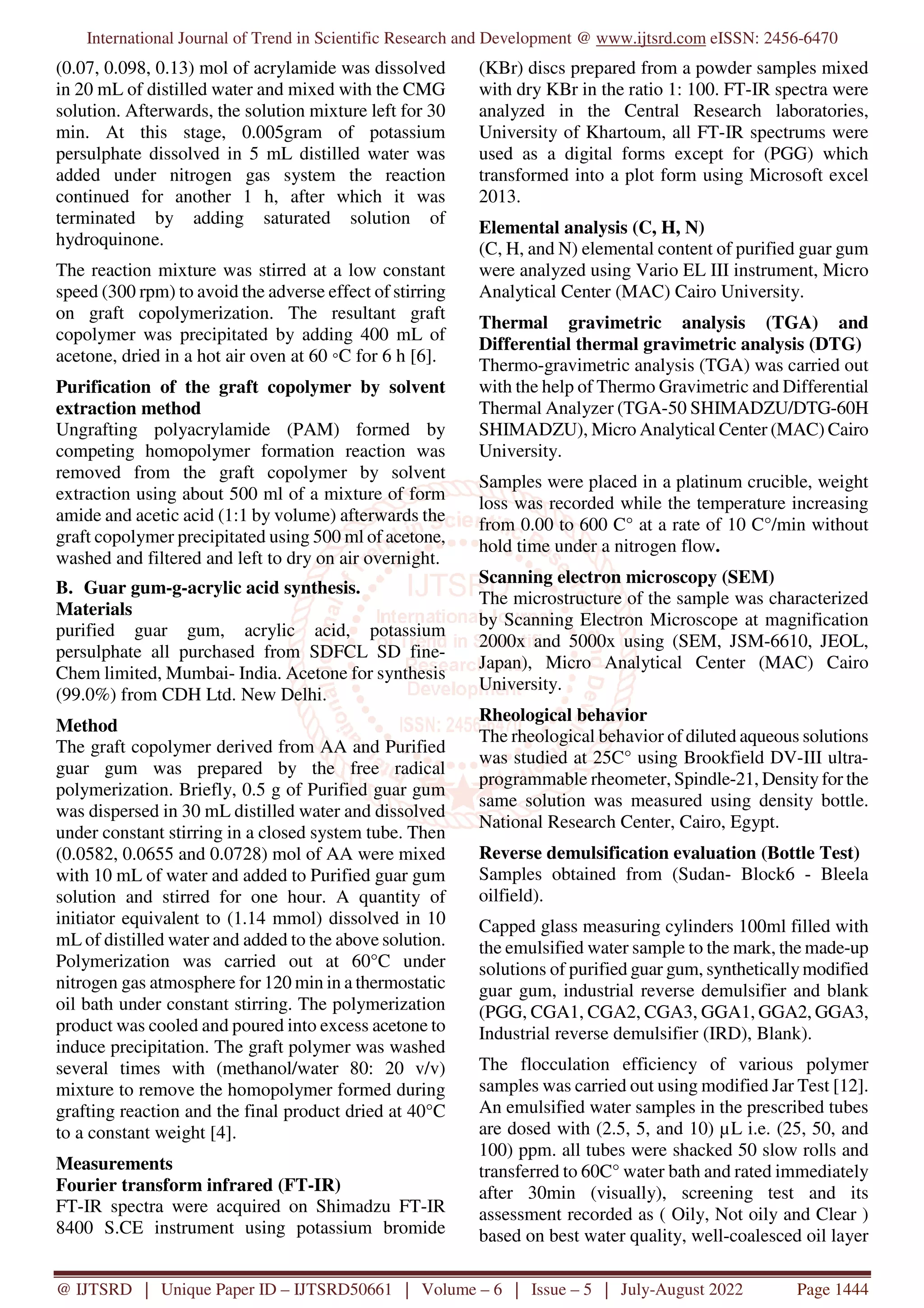 Synthesis Characterization Of Modified Guar Gum Copolymers Through Graft Copolymerization Using