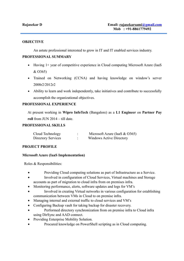 Rajasekar _resume azure | DOC | Cloud Computing | Internet