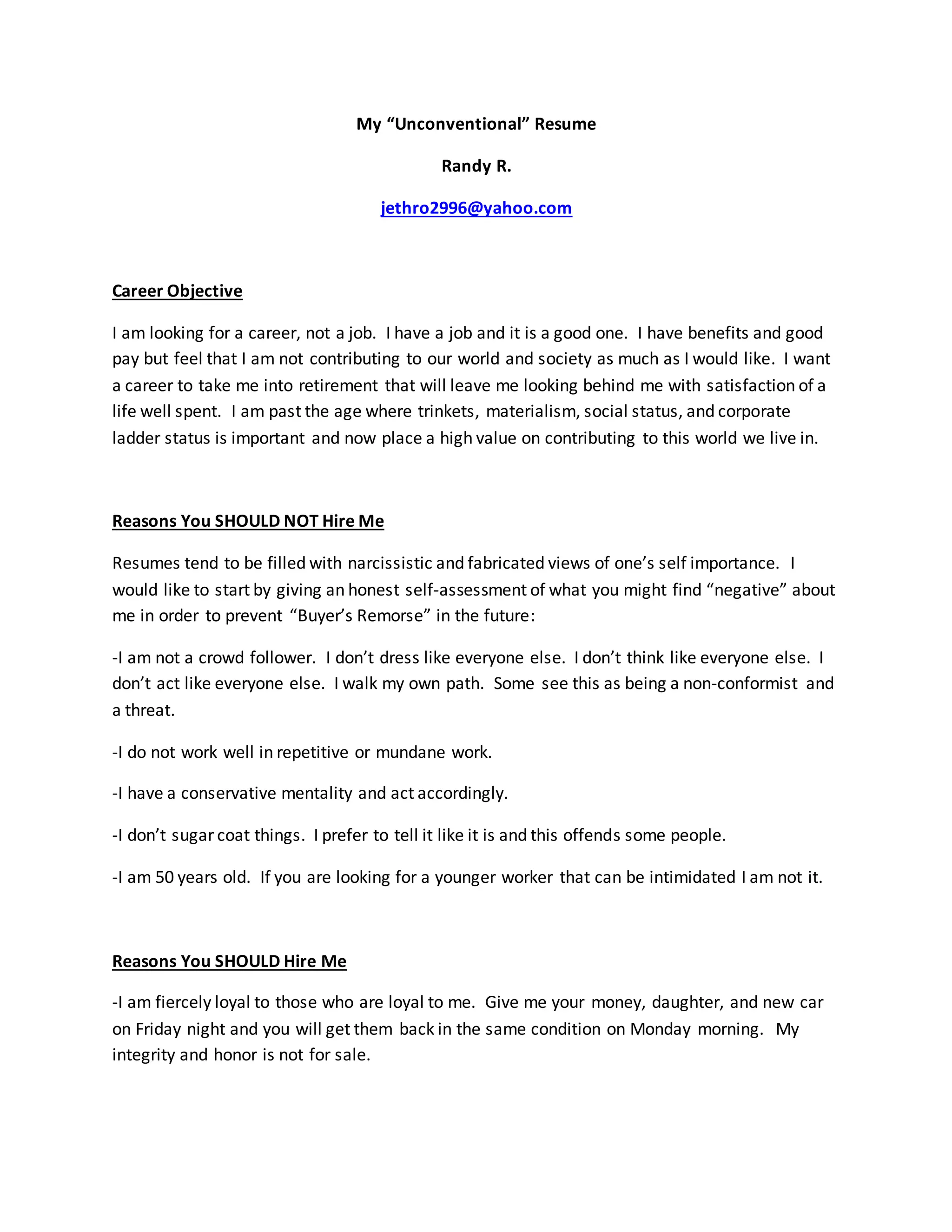 Unconventional resume | DOCX | Career Planning | Careers