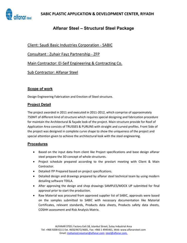 Alfanar SPADC Riyadh Project - Steel Structural package | PDF