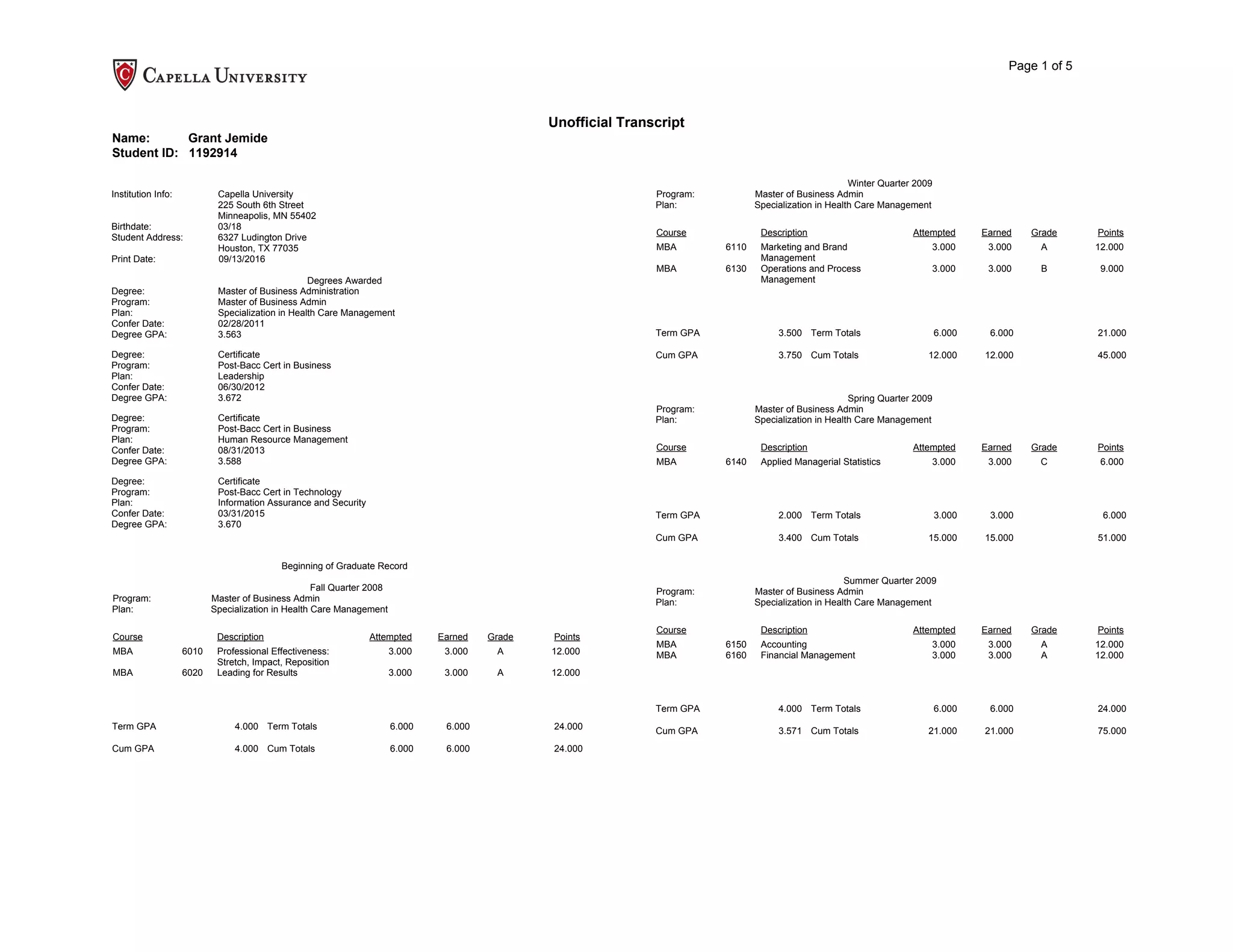 Graduate Transcript | PDF