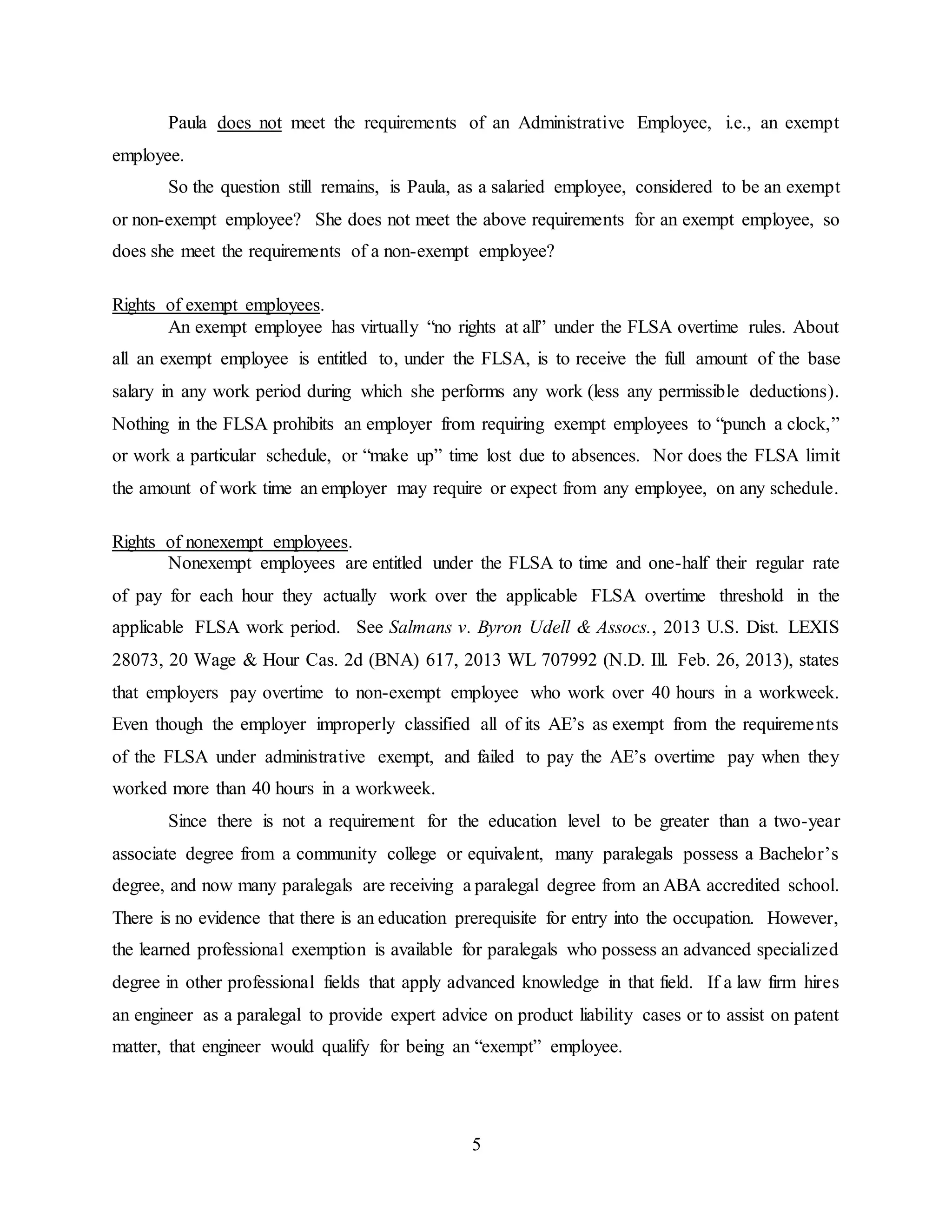 Memo of Law - Should paralegals receive OT pay | DOCX