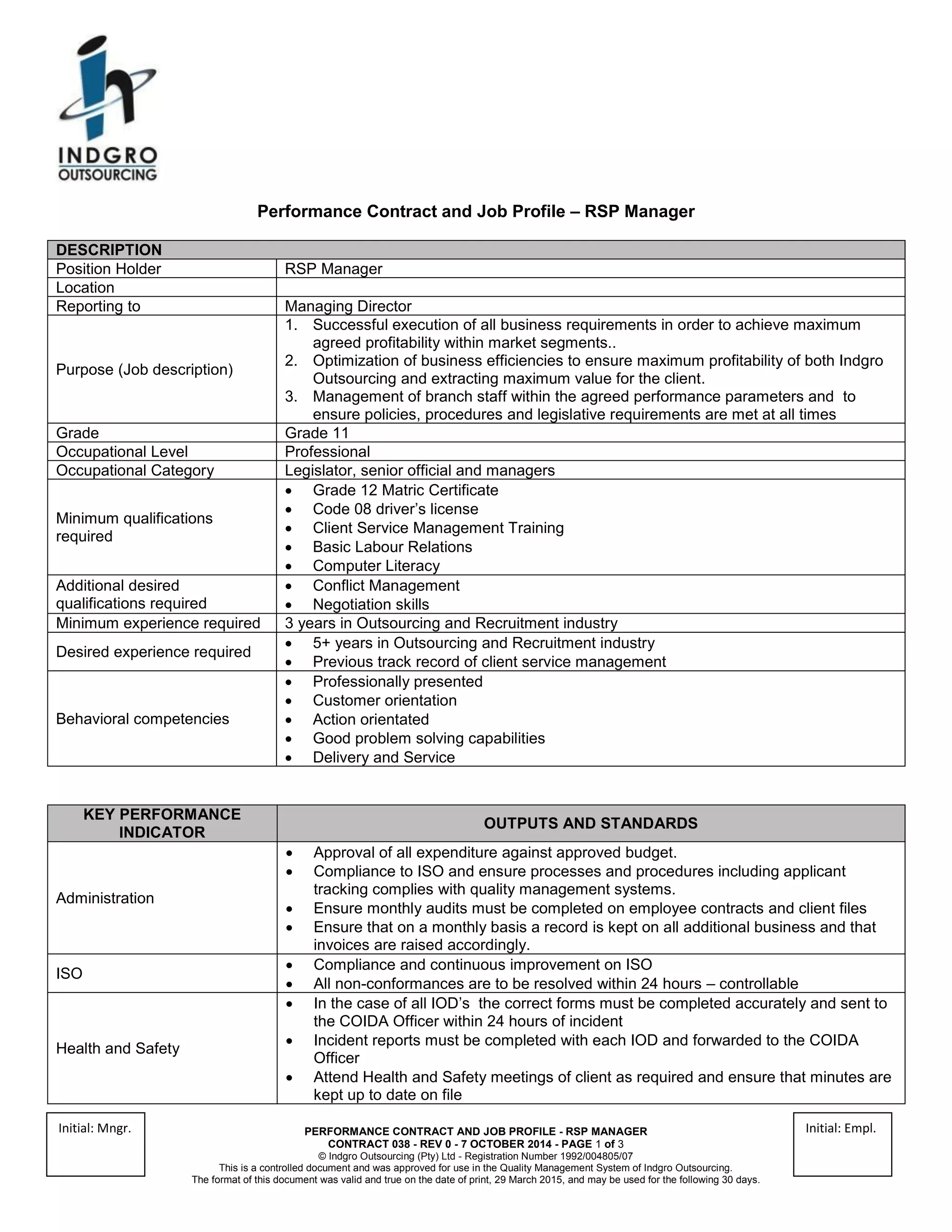 Job Profile RSP Manager | PDF