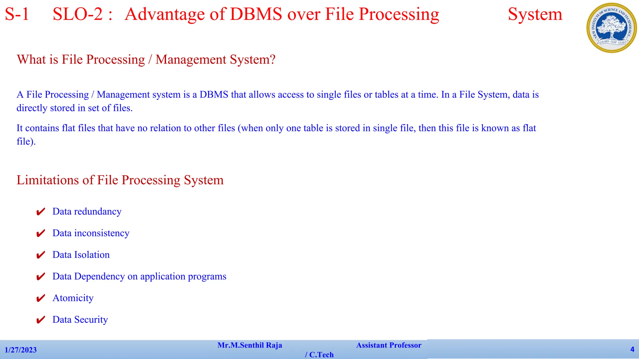 18CSC303J DBMS UNIT I database management system | PDF