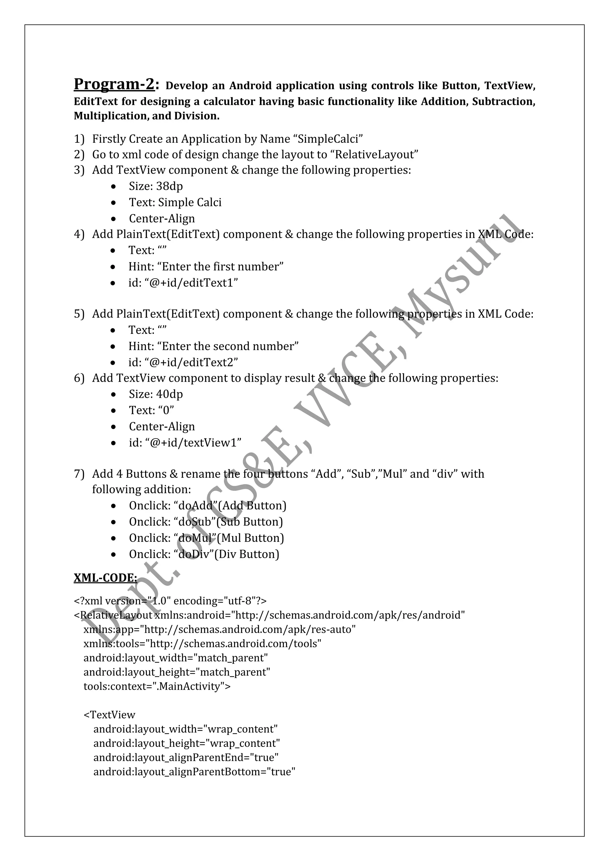 18CSMP68 VTU Mobile Application Develeopment Lab Manual by Nithin, VVCE, Mysuru | PDF