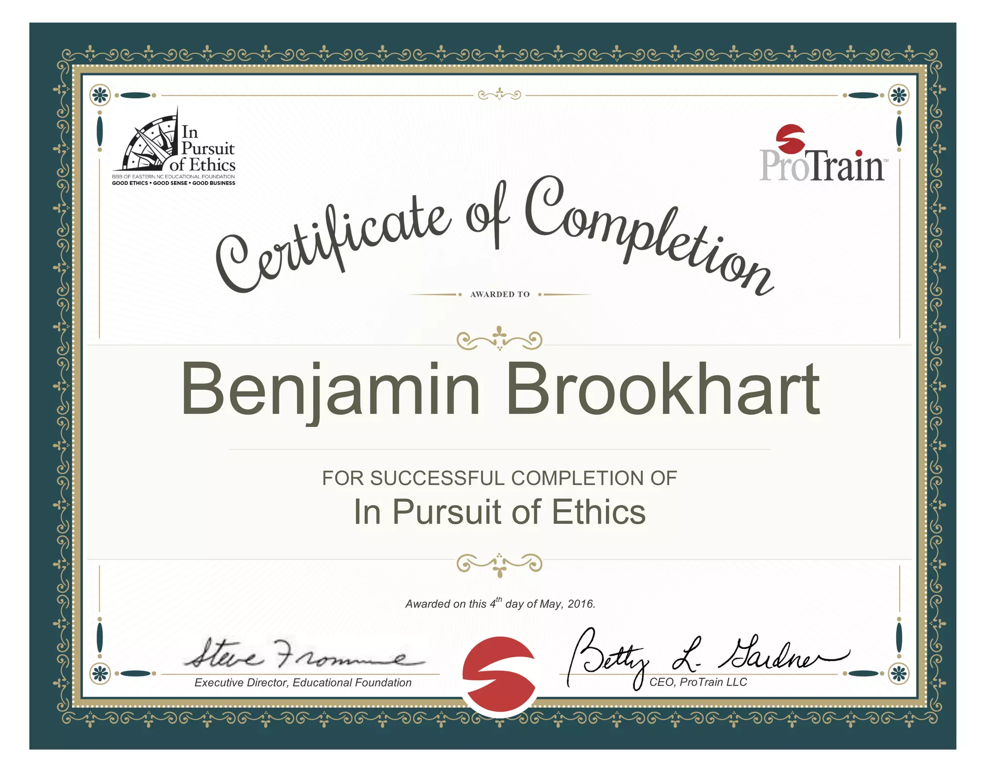 Benjamin Brookhart_In Pursuit of Ethics_Certificate of Completion | PDF