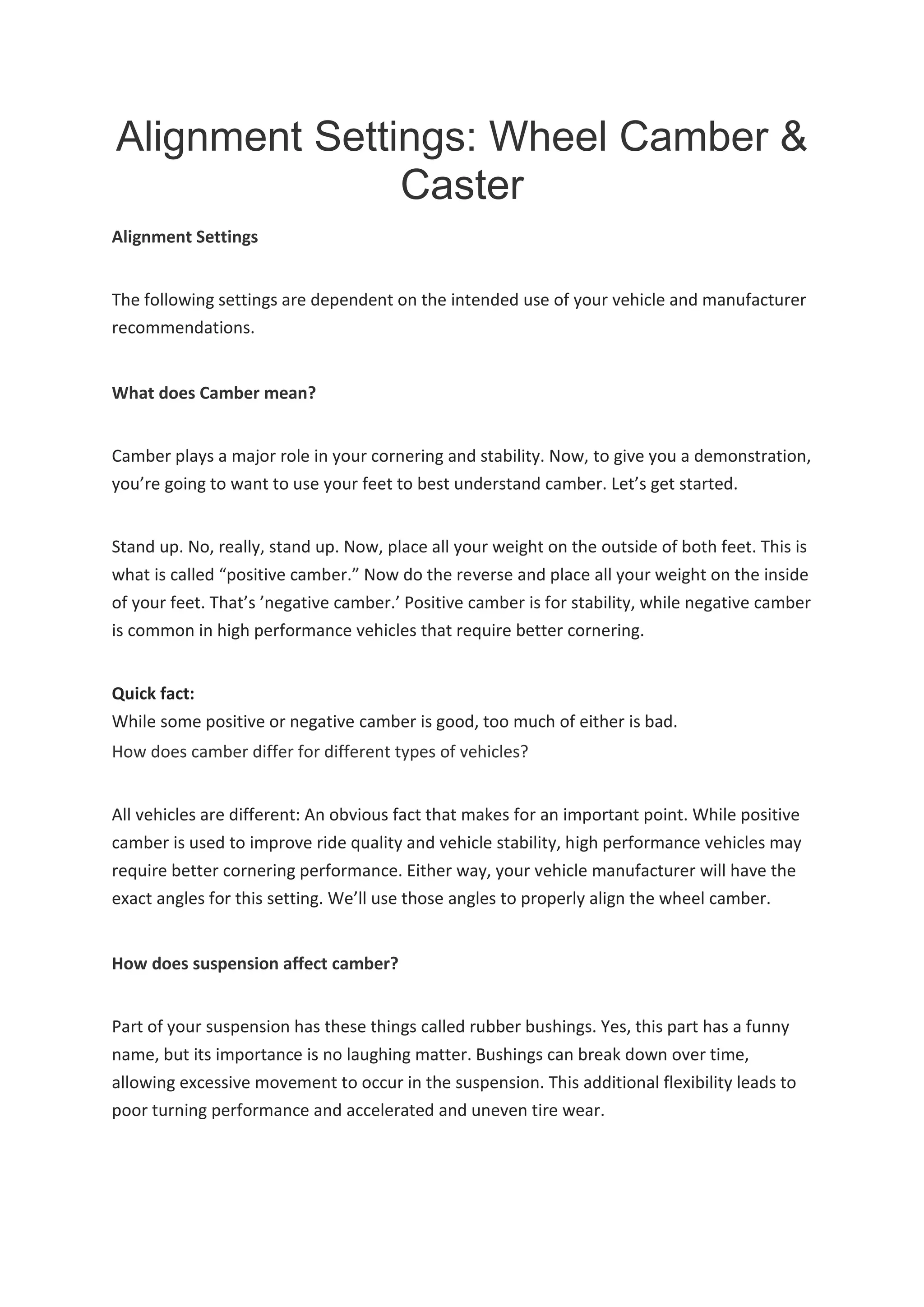 Alignment Settings Wheel Camber & Caster | PDF