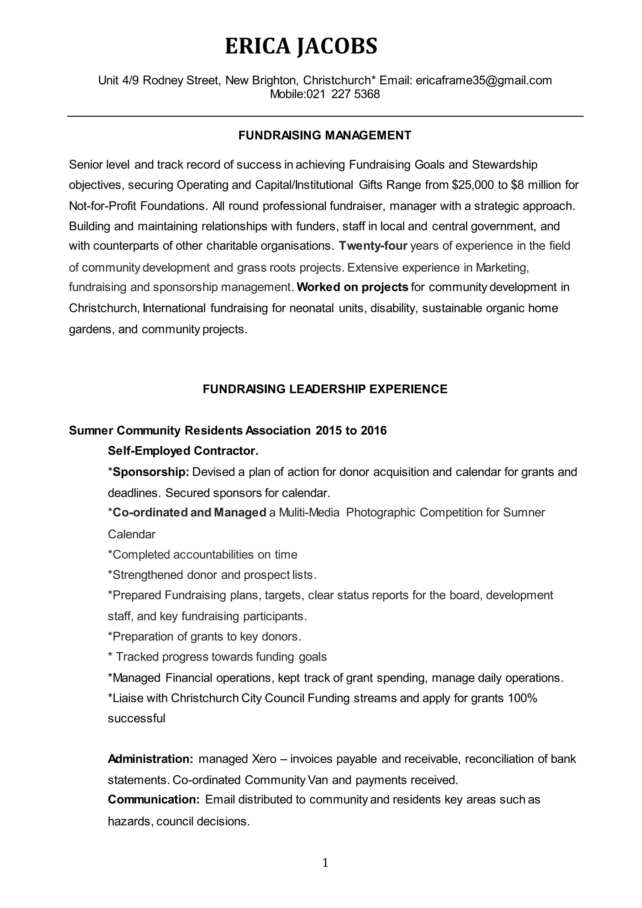 Erica Jacobs CV Fundraiser 2016 | DOCX | Non-Profit Organizations ...