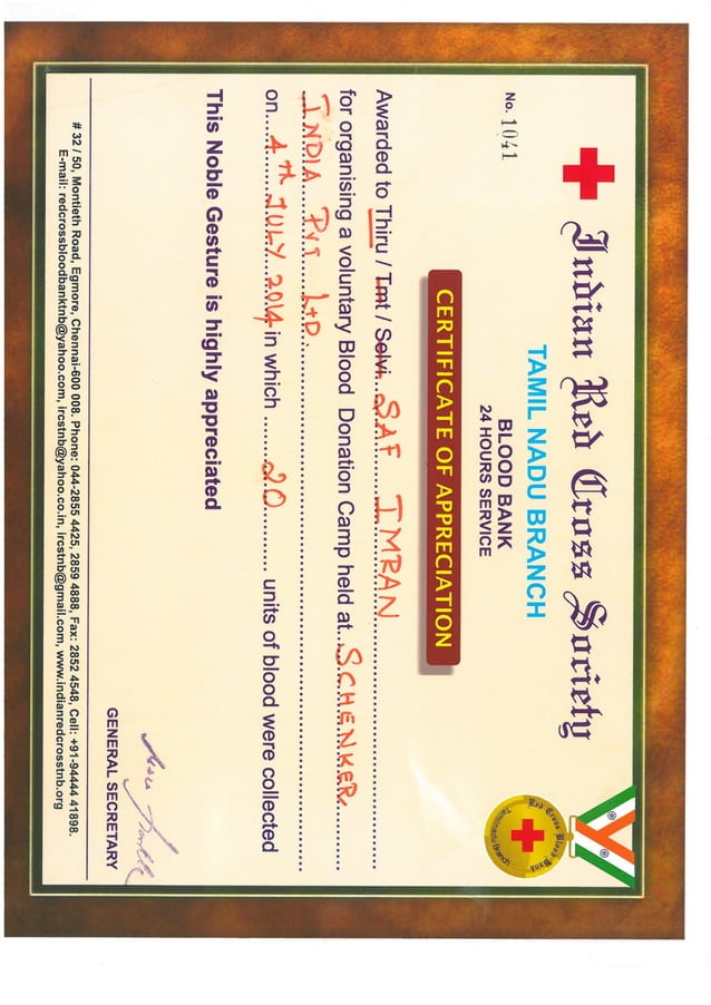 Imran SAF - Blood Donation Volunteer Certificate 04-Jul-14 | PDF