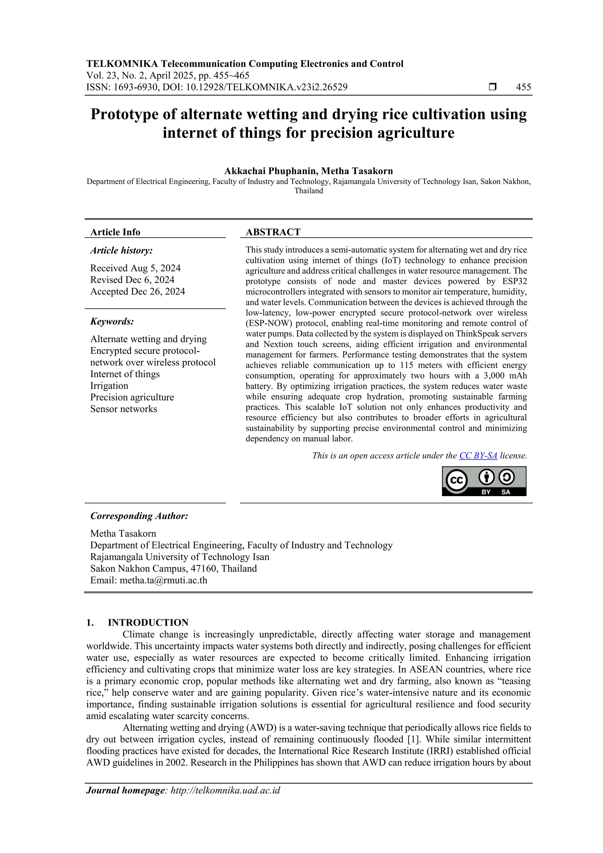 Prototype of alternate wetting and drying rice cultivation using ...