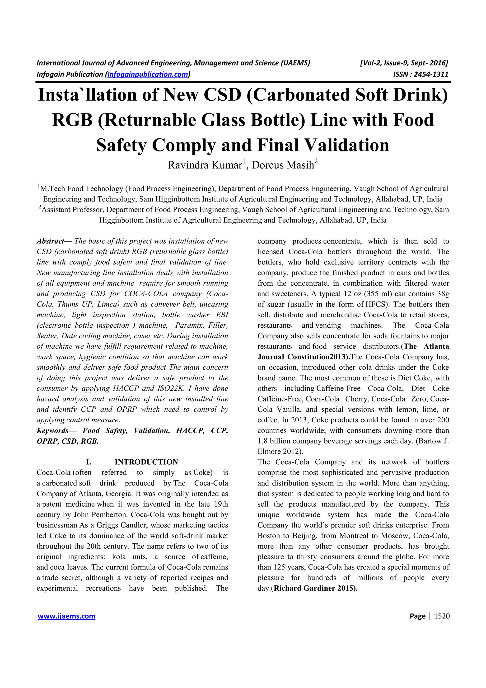 Installation of New CSD (Carbonated Soft Drink) RGB (Returnable Glass ...