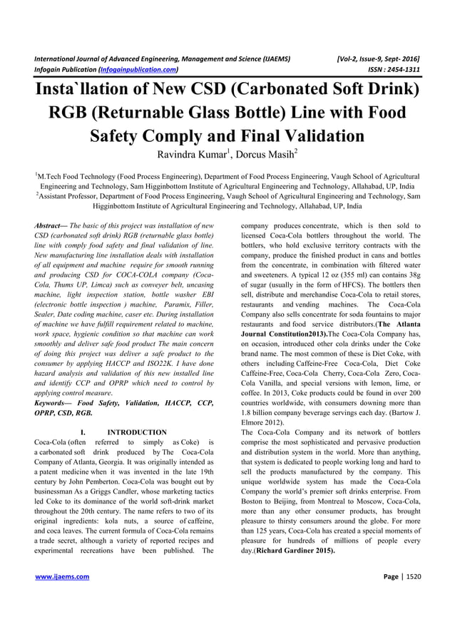 Installation of New CSD (Carbonated Soft Drink) RGB (Returnable Glass ...