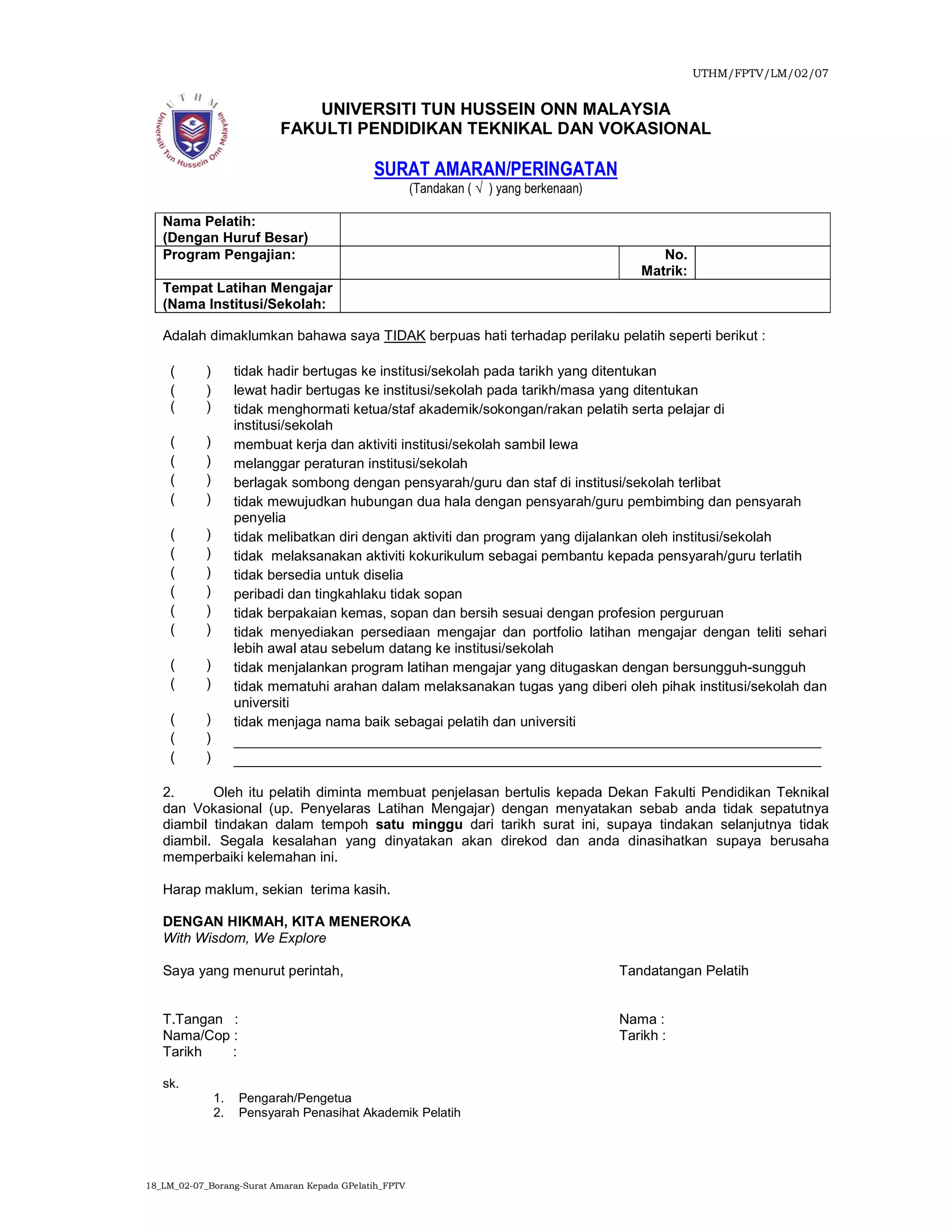 18 lm 02-07_borang-surat amaran kepada g_pelatih_fptv | PDF