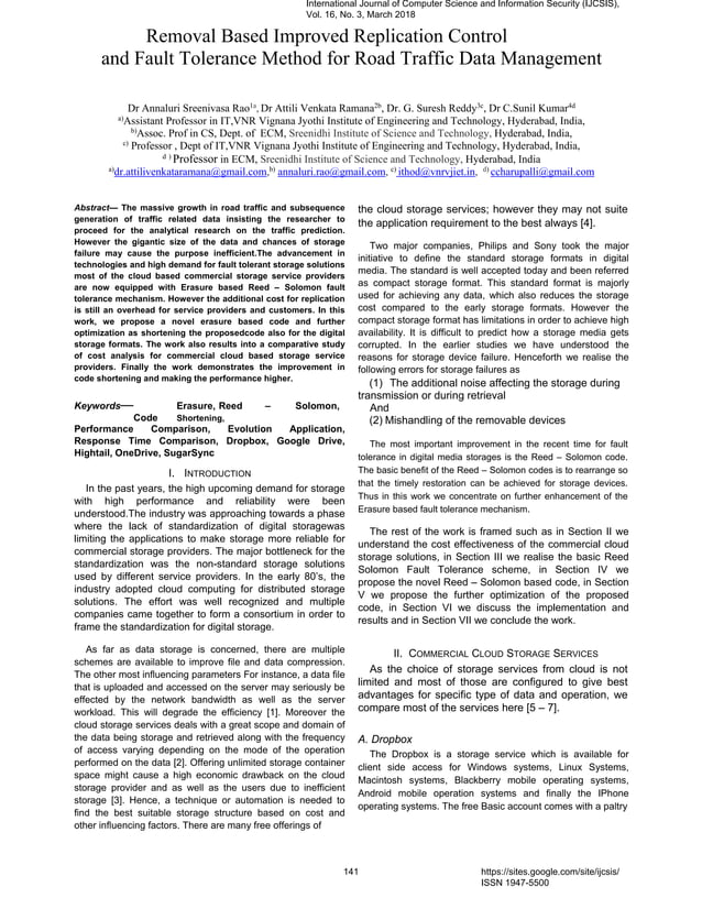 Removal Based Improved Replication Control and Fault Tolerance Method for Road Traffic Data ...