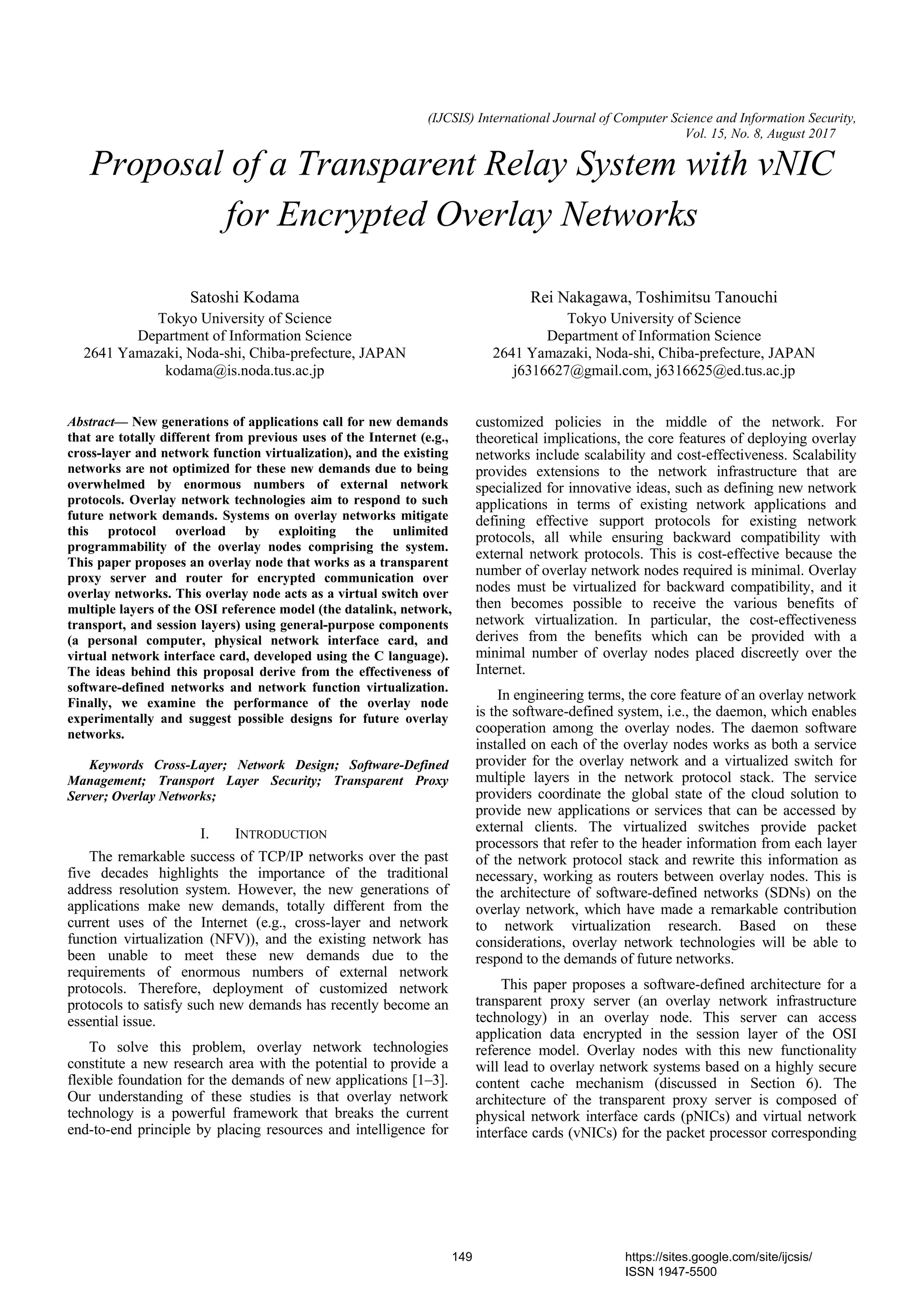 Proposal of a Transparent Relay System with vNIC for Encrypted Overlay Networks | PDF