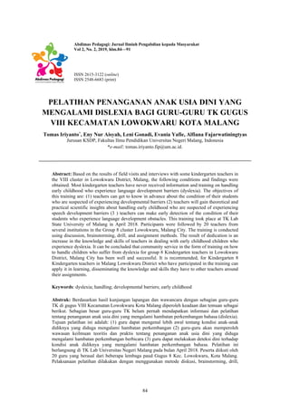 PELATIHAN PENANGANAN ANAK USIA DINI YANG MENGALAMI DISLEXIA BAGI GURU-GURU TK | PDF