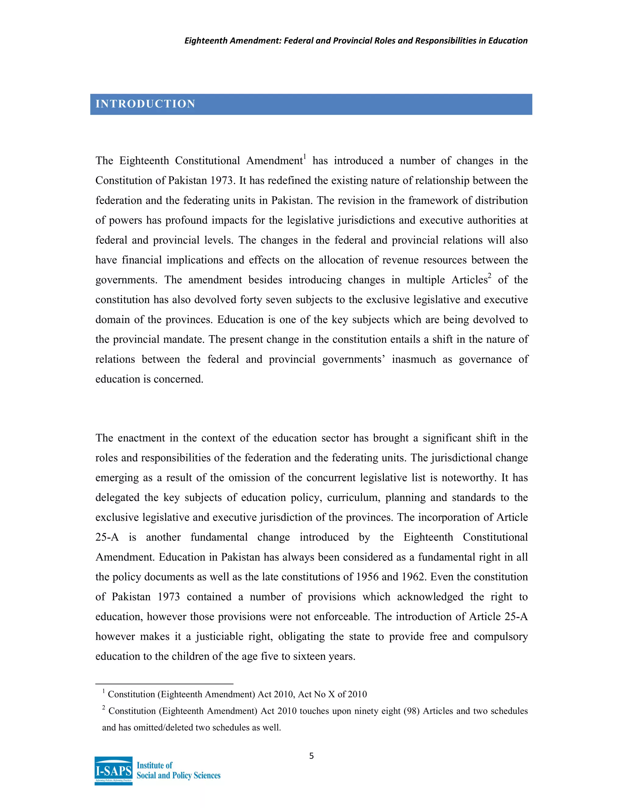 18th amendment federal and provincial responsibilities in education | PDF