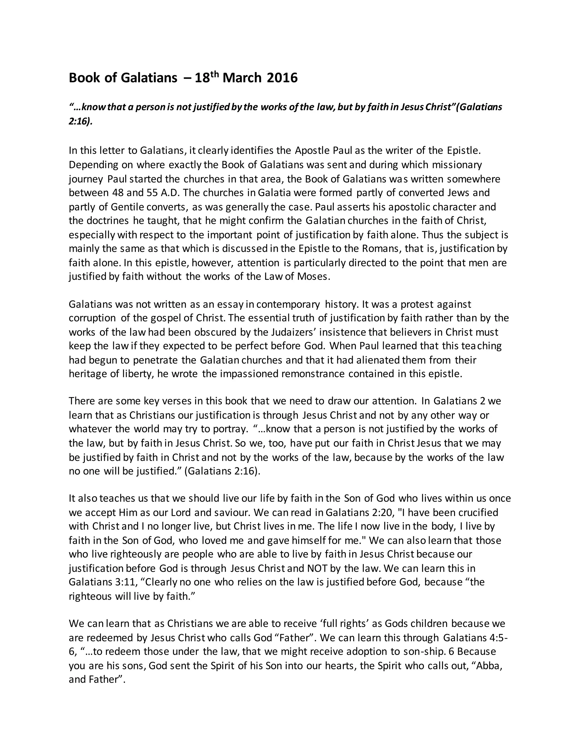 18th march 2016 Book of Galatians | DOCX