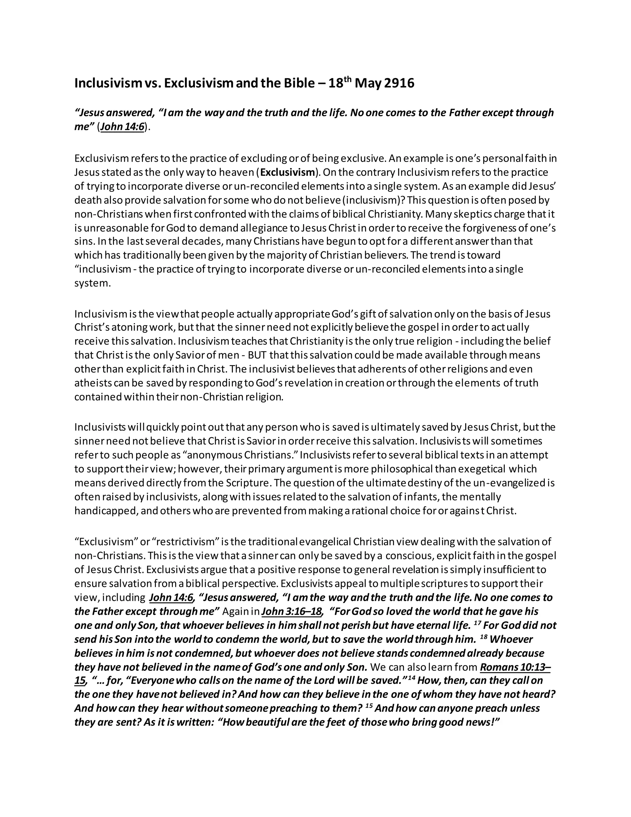 18th may 2016 - Inclusivism vs Exclusivism | DOCX