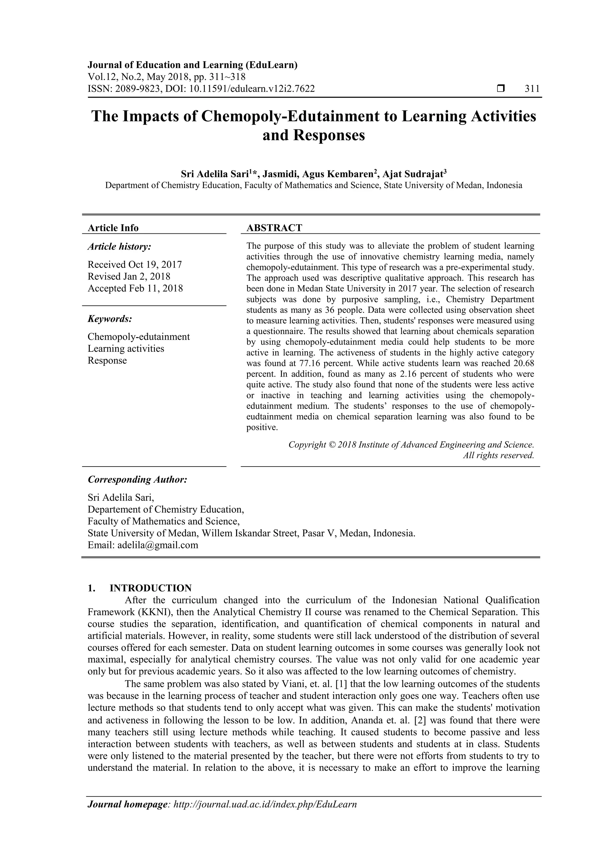 The Impacts of Chemopoly-Edutainment to Learning Activities and Responses | PDF