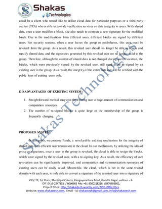 PANDA: PUBLIC AUDITING FOR SHARED DATA WITH EFFICIENT USER REVOCATION IN THE CLOUD | PDF