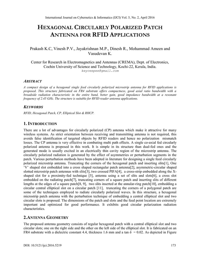 HEXAGONAL CIRCULARLY POLARIZED PATCH ANTENNA FOR RFID APPLICATIONS | PDF | Physics | Science