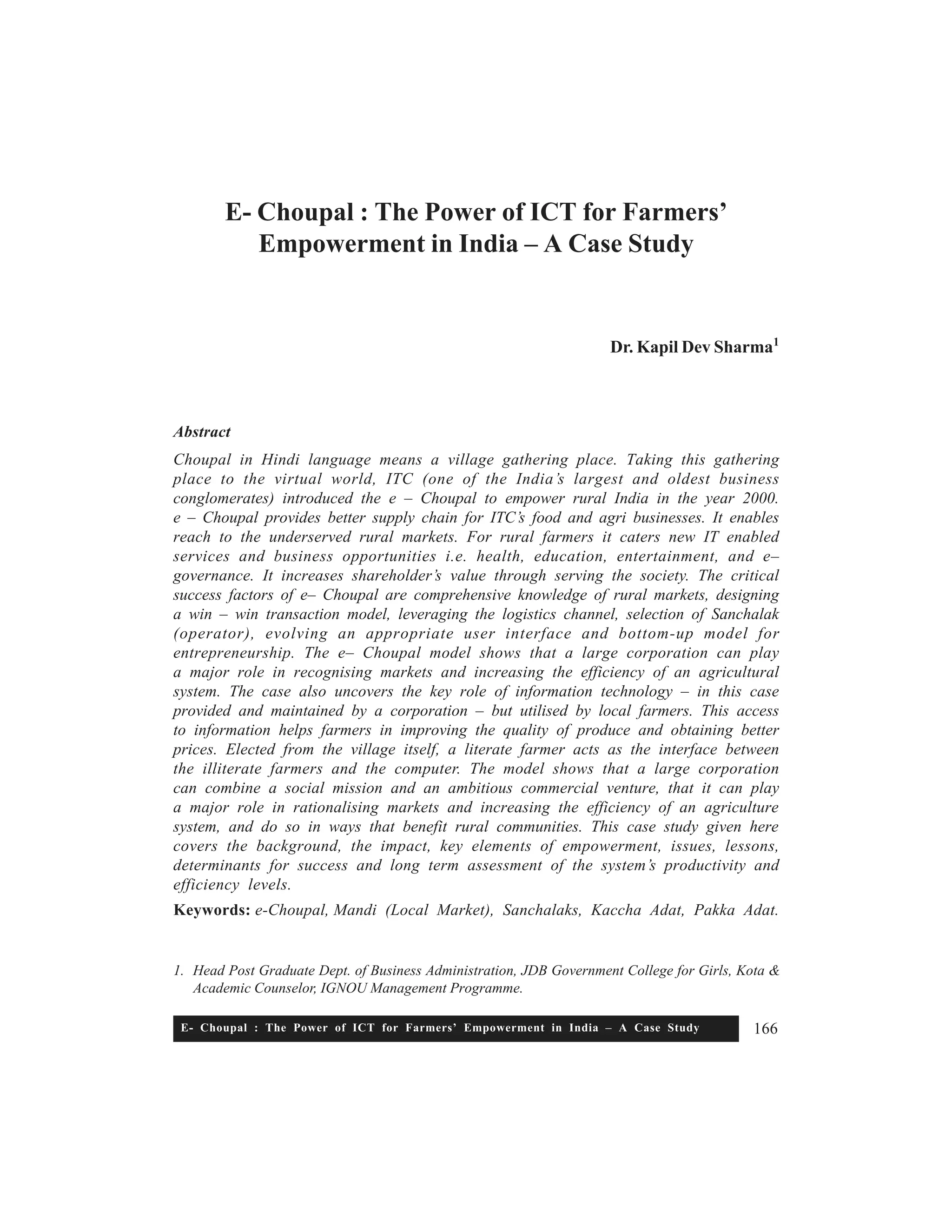 E-chaupal: The Power of ICT for Farmers Empowerement in India-A Case Study | PDF