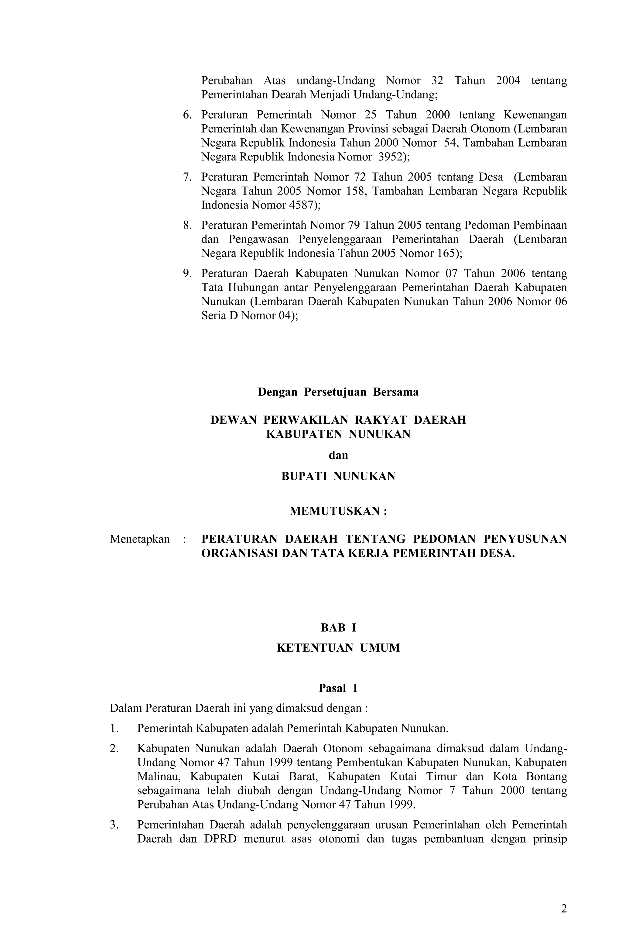 Perda Kabupaten Nunukan Tentang Pedoman Penyusunan Organisasi dan Tata Kerja Pemerintahan Desa | PDF