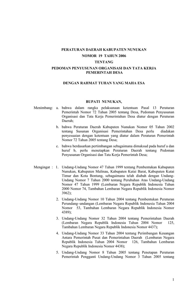 Perda Kabupaten Nunukan Tentang Pedoman Penyusunan Organisasi dan Tata Kerja Pemerintahan Desa | PDF
