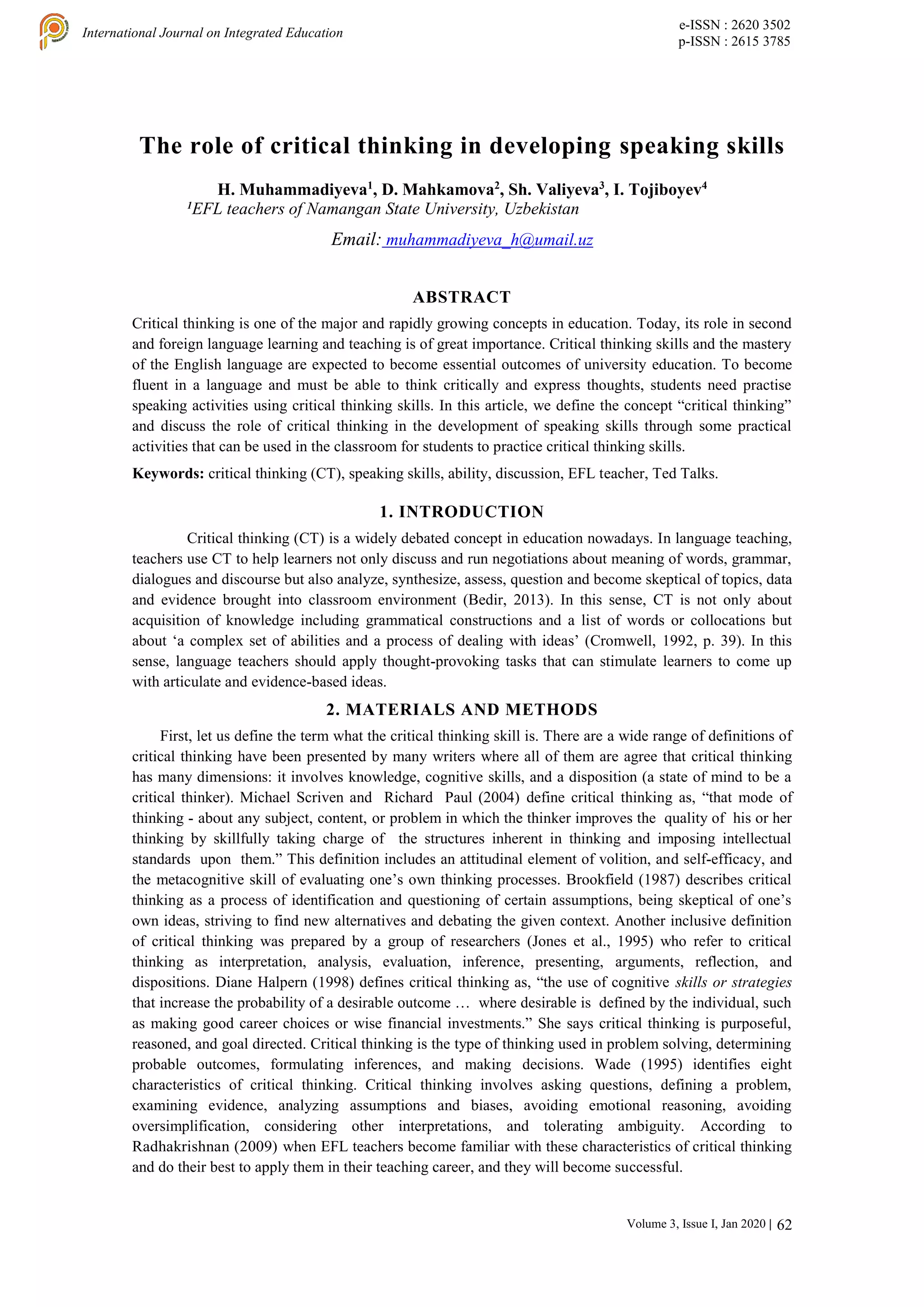 The role of critical thinking in developing speaking skills | PDF