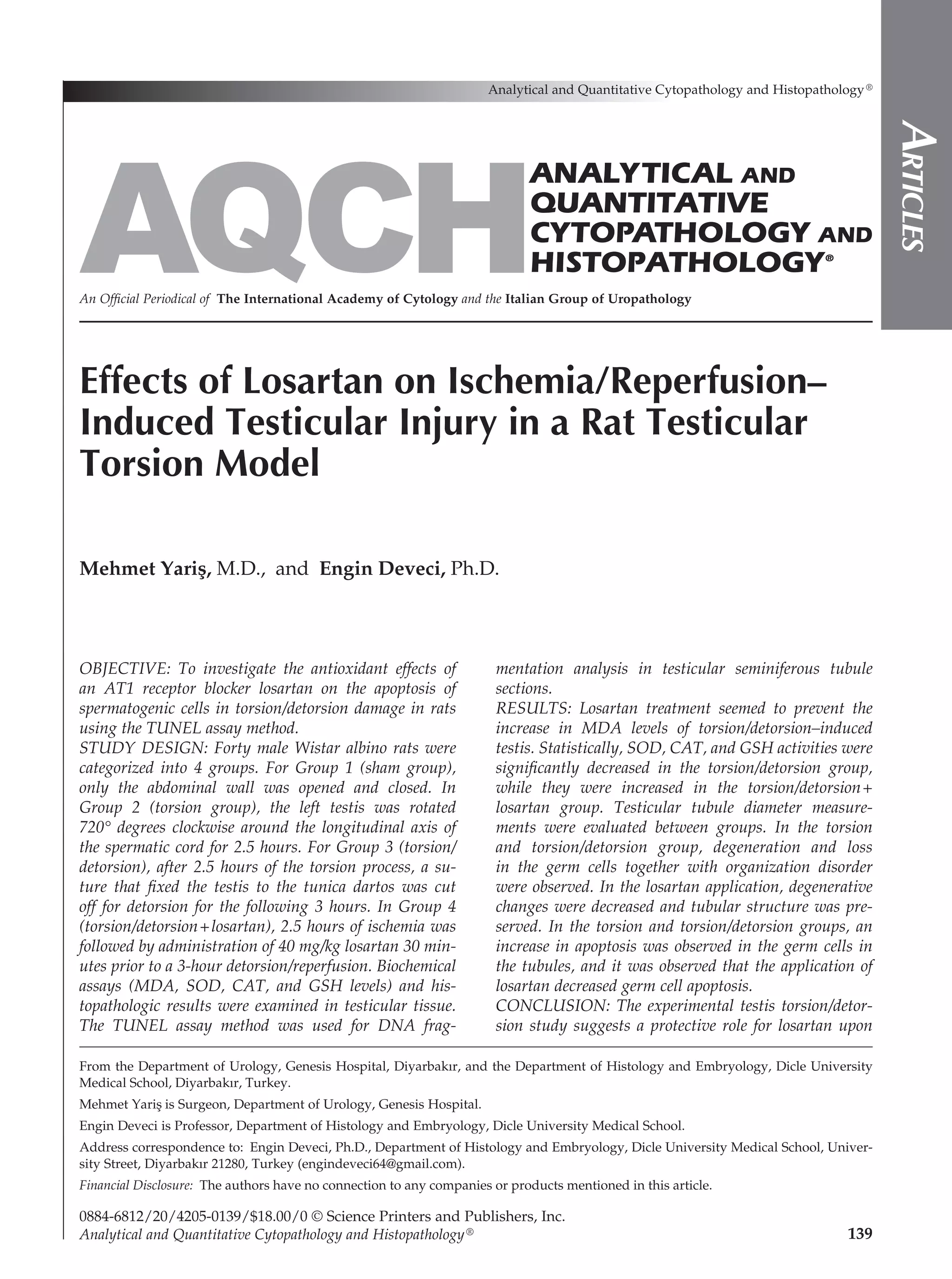 Effects of Losartan on Ischemia/Reperfusion–Induced Testicular Injury ...