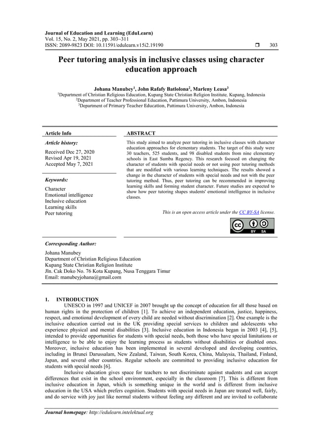 Peer Tutoring Analysis In Inclusive Classes Using Character Education
