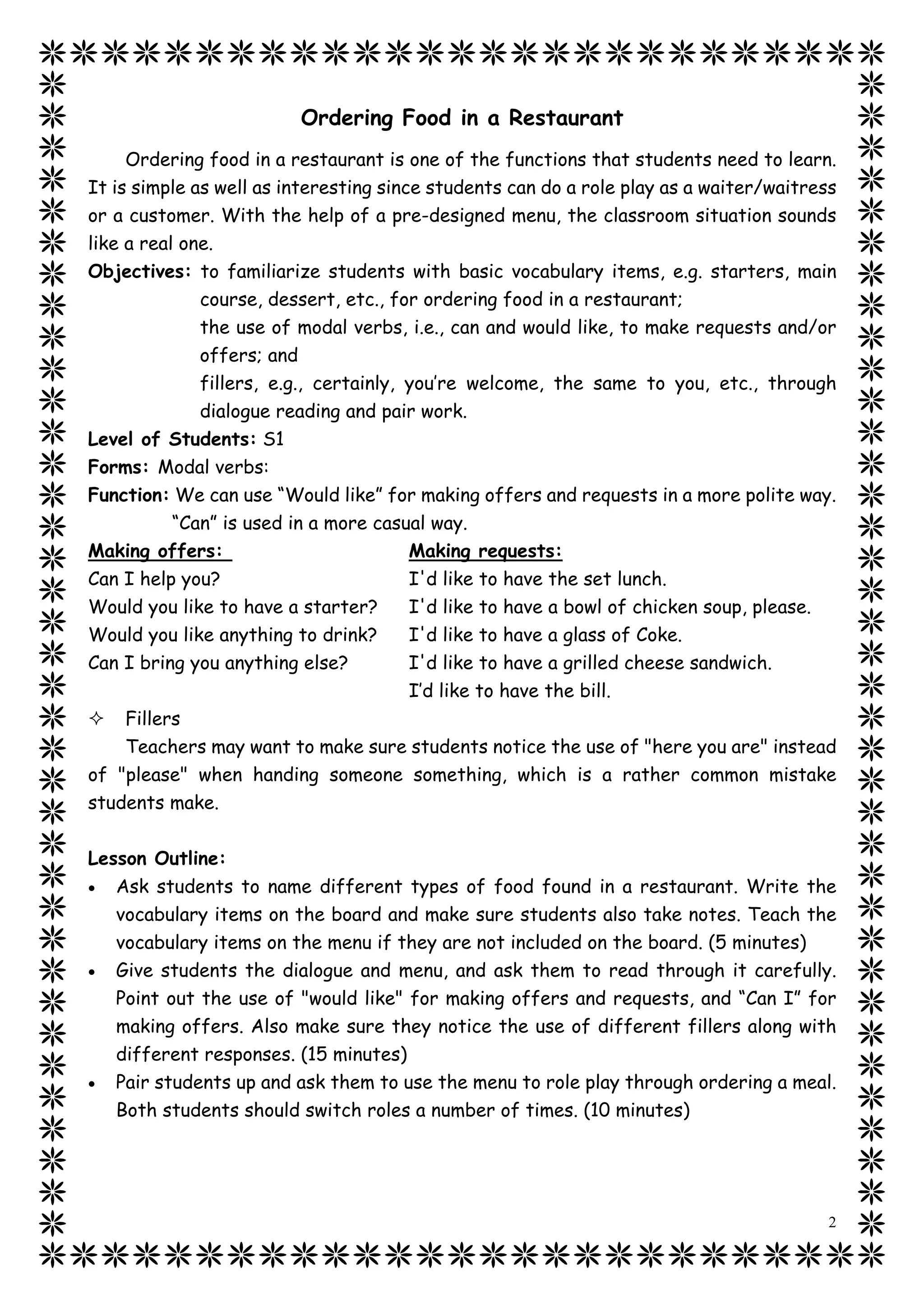 ordering food in a restaurant modal verbs 'would like' & 'can' | PDF