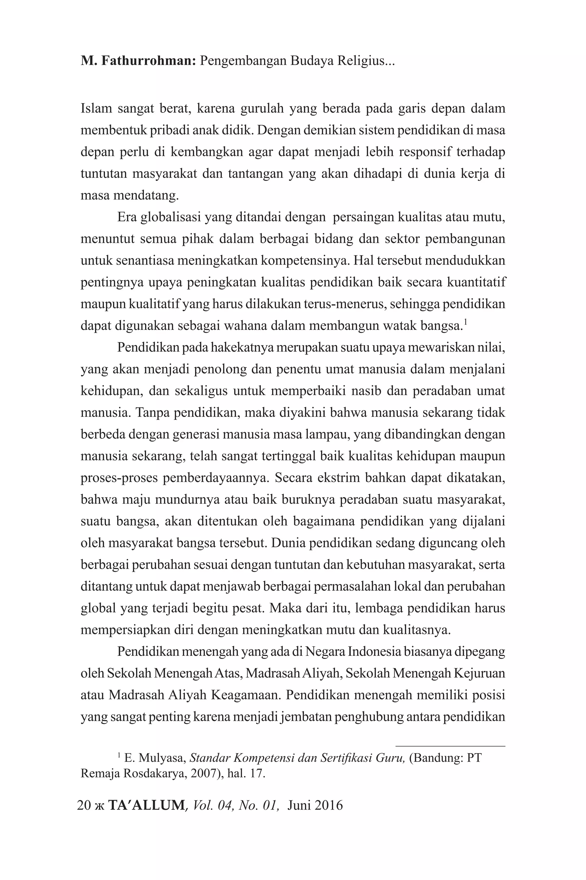 PENGEMBANGAN BUDAYA RELIGIUS DALAM MENINGKATKAN MUTU PENDIDIKAN | PDF