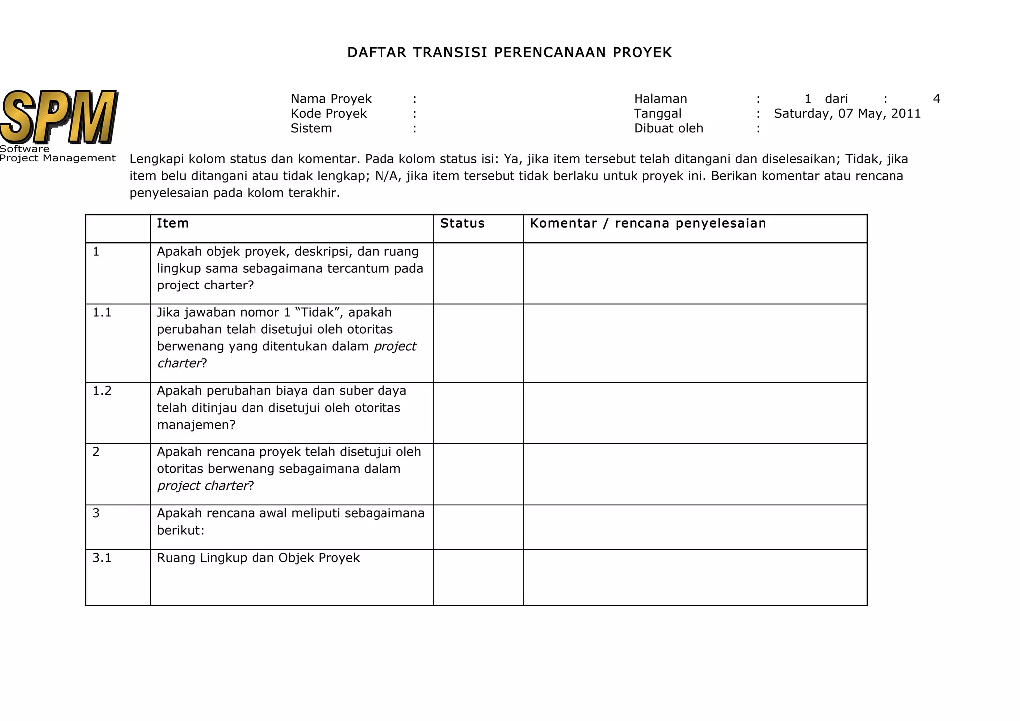19 daftar transisi perencanaan proyek | DOC