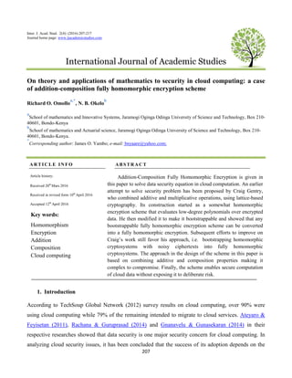 On theory and applications of mathematics to security in cloud computing: a case of addition ...