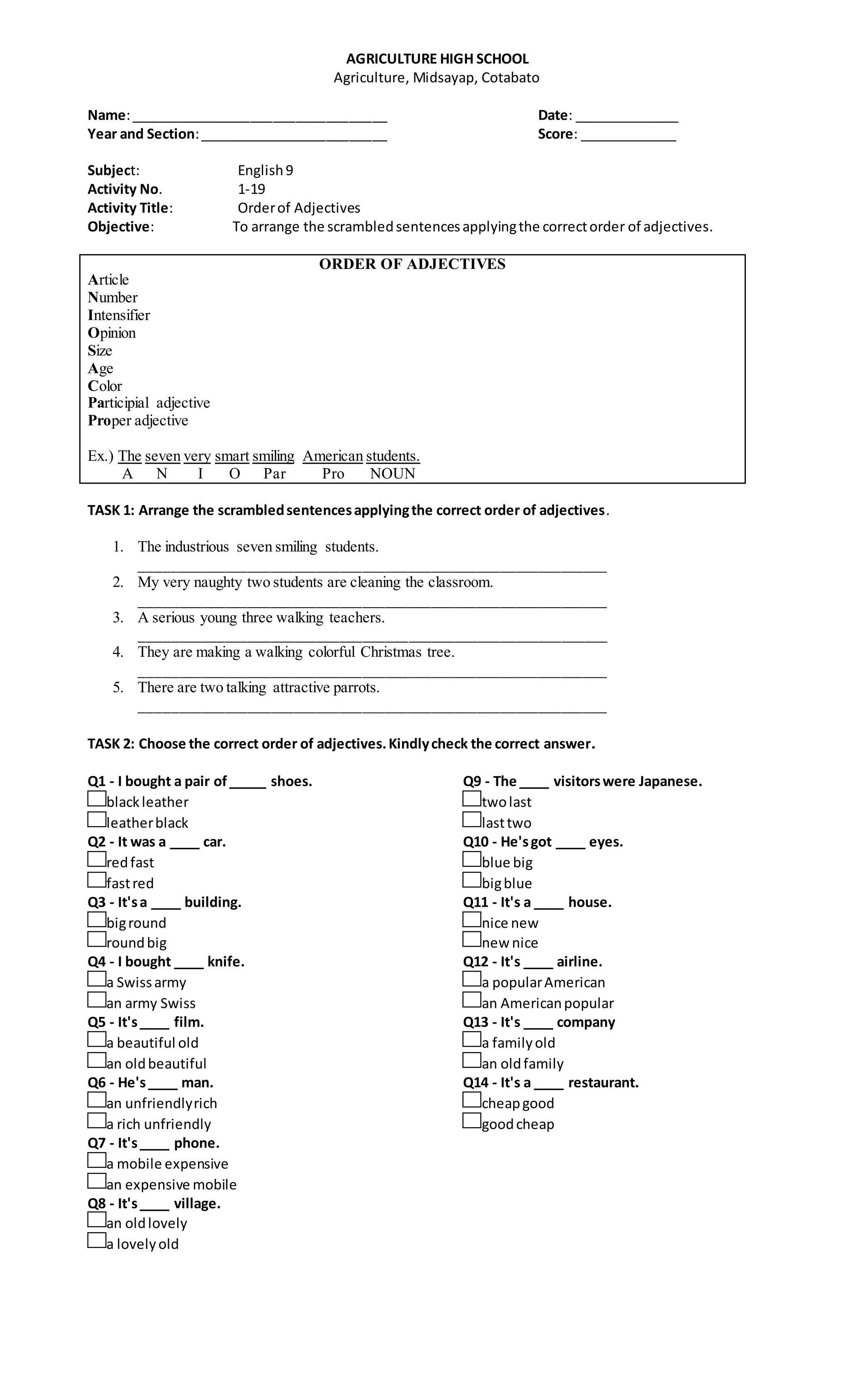 19 order of adjectives | PDF