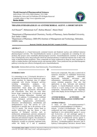 TRIAZOLOTHIADIAZOLES AS ANTIMICROBIAL AGENT: A SHORT RIVIEW | PDF