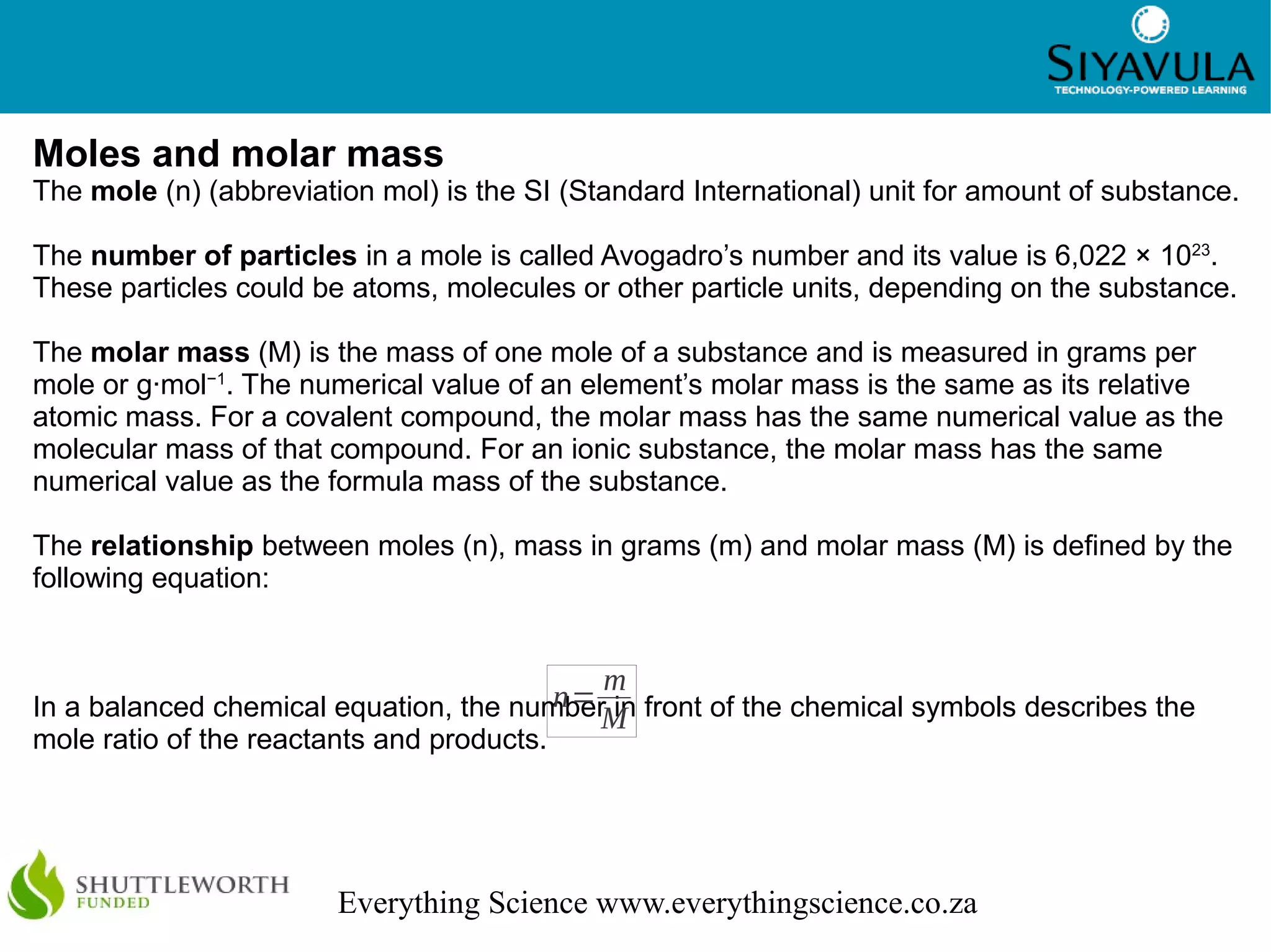 Quantitative aspects of chemical change - grade 10 | ODP