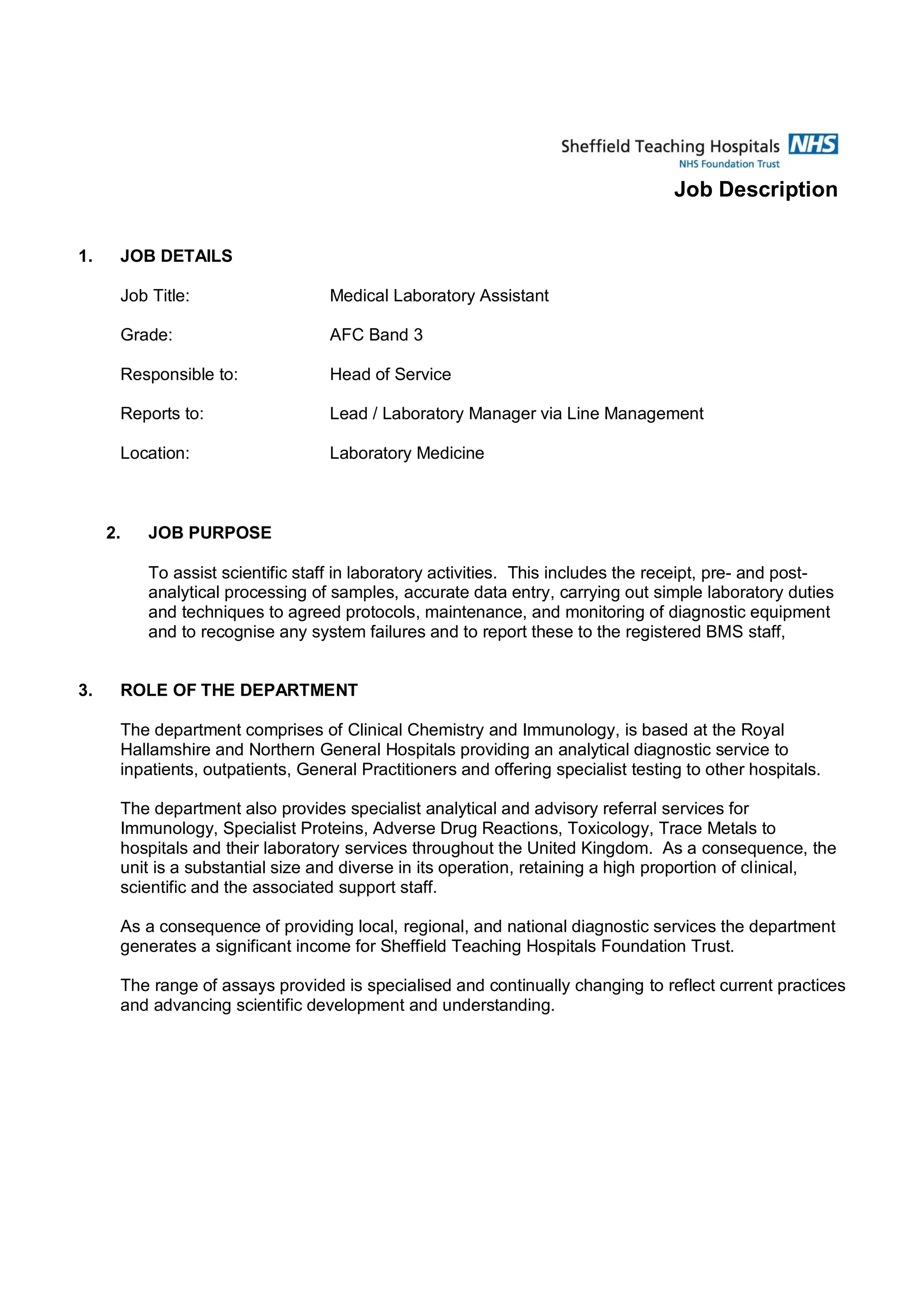 Job Description For Medical Laboratory Assistant | PDF