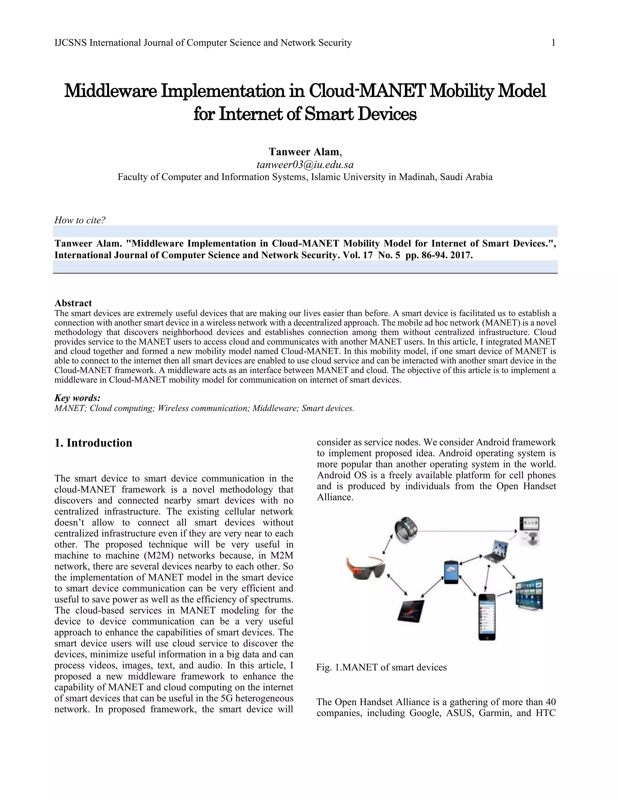 Middleware Implementation In Cloud Manet Mobility Model For Internet Of Smart Devices Pdf