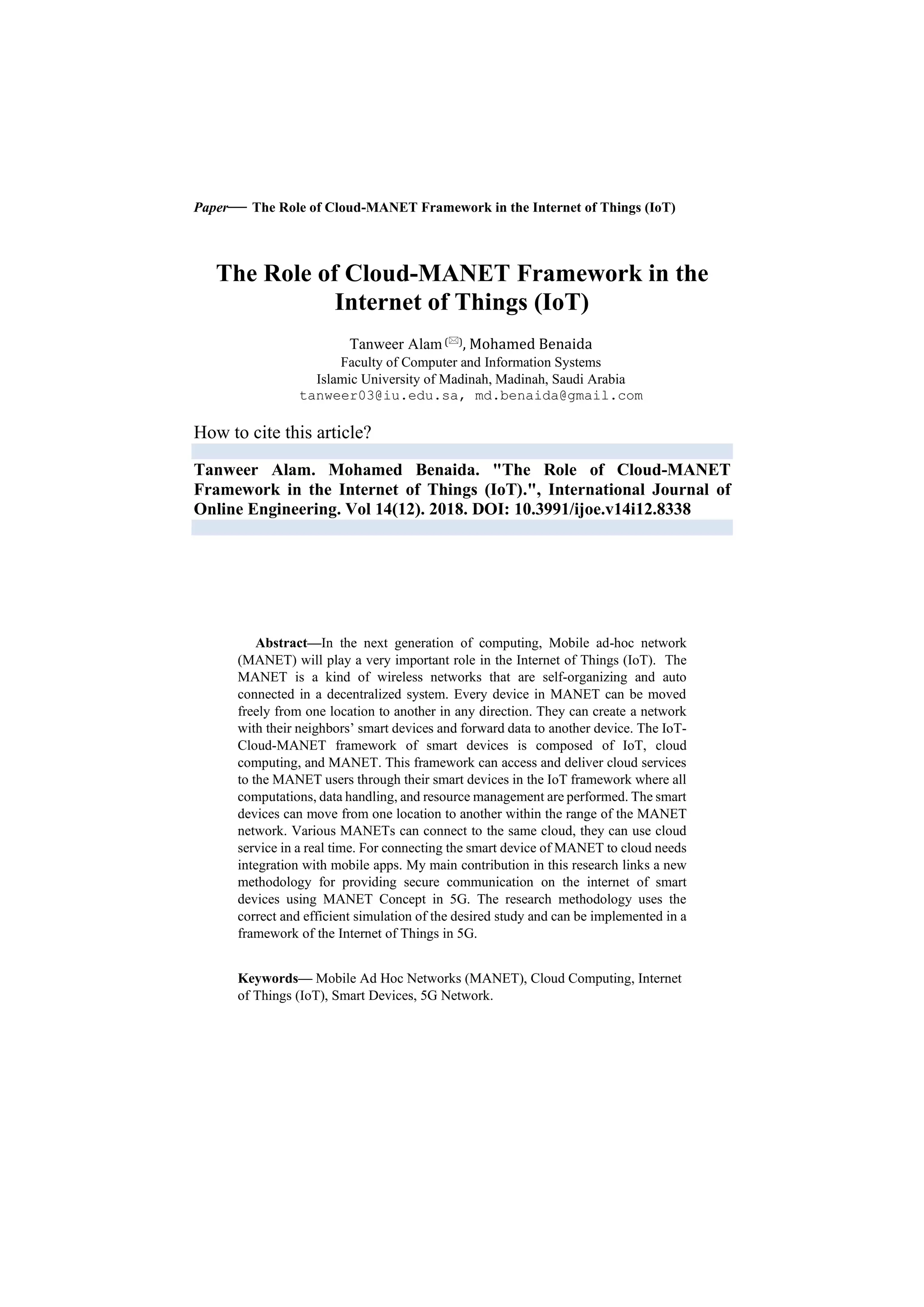 The Role of Cloud-MANET Framework in the Internet of Things (IoT) | PDF