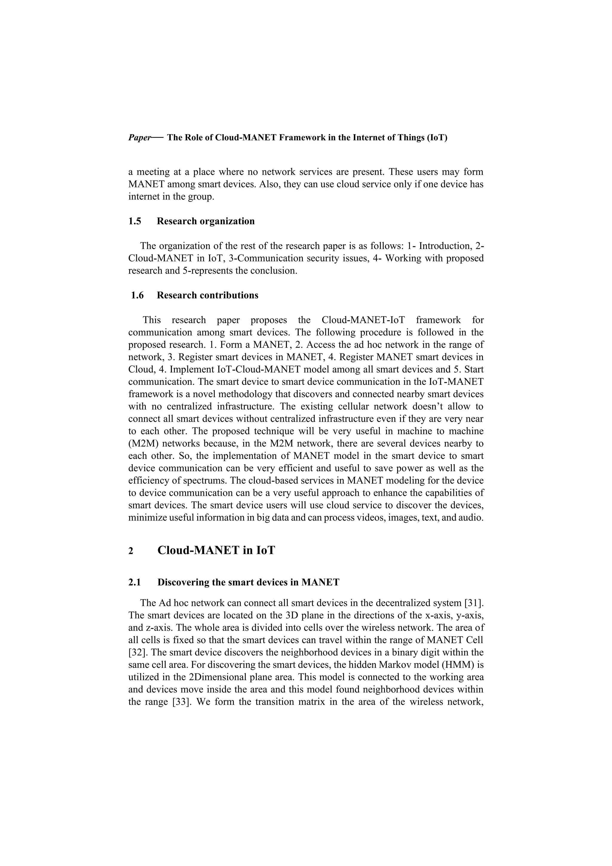 The Role of Cloud-MANET Framework in the Internet of Things (IoT) | PDF