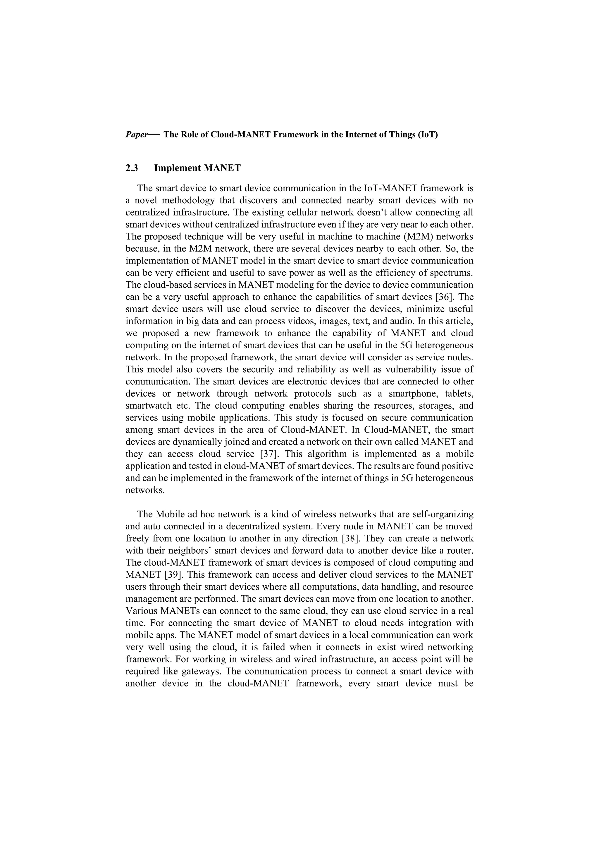 The Role of Cloud-MANET Framework in the Internet of Things (IoT) | PDF