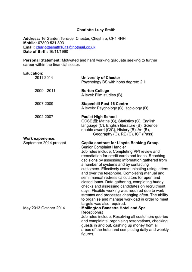 Charlotte's CV | DOC | Business | Business and Finance