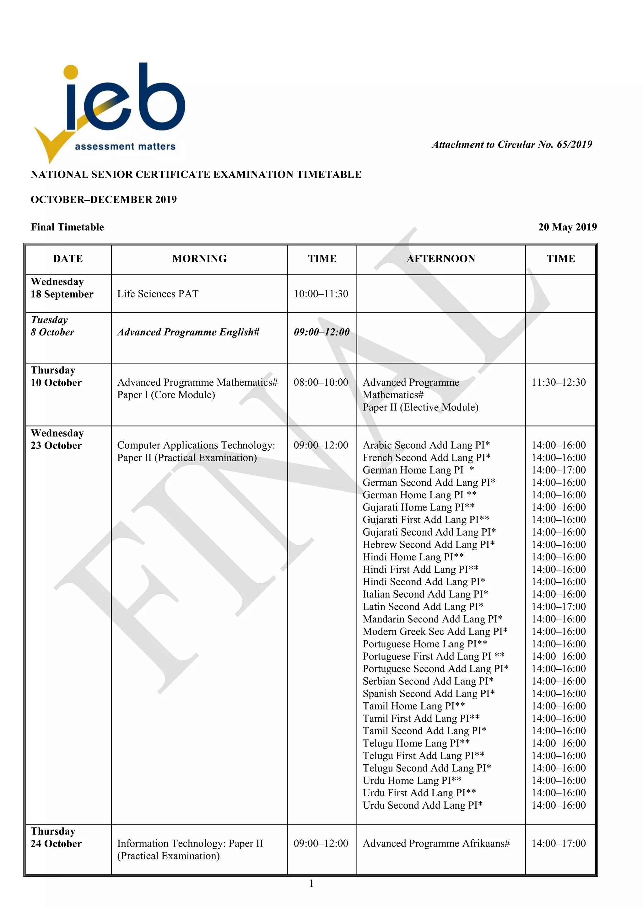 IEB final timetable 2019 | PDF