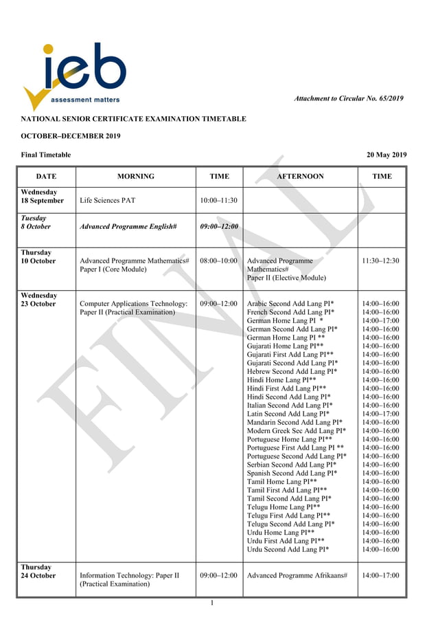 IEB final timetable 2019 | PDF