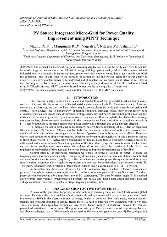 PV Source Integrated Micro-Grid for Power Quality Improvement using MPPT Technique | PDF