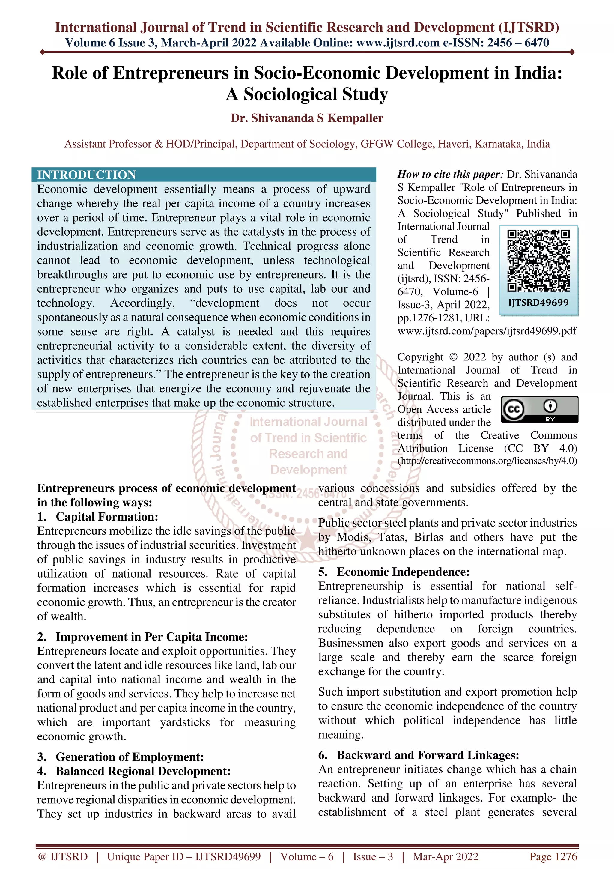 Role of Entrepreneurs in Socio Economic Development in India A ...