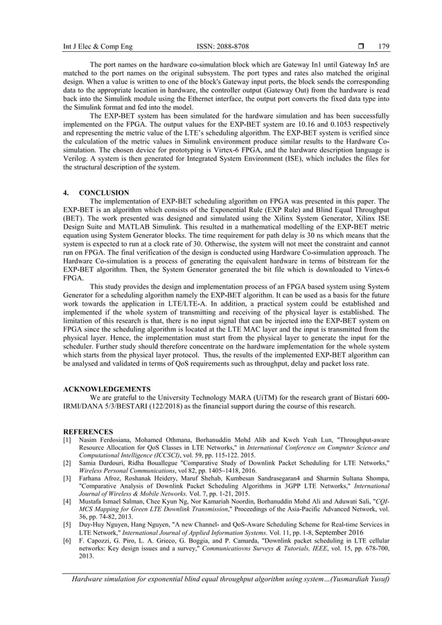 Hardware Simulation For Exponential Blind Equal Throughput Algorithm